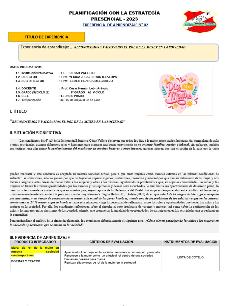 Experiencia de Aprendizaje. #02 - 6° | PDF