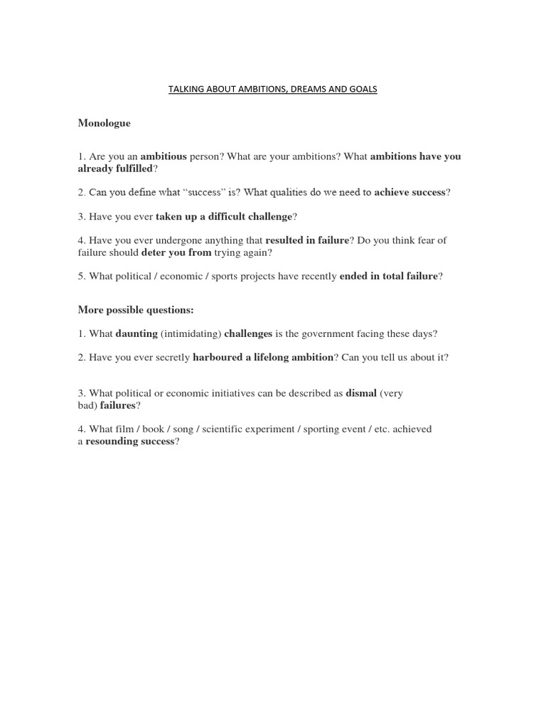 Talking About Ambitions, Dreams and Goals | PDF
