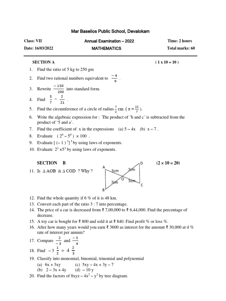 MPBS Annual Exam Class VII 2022 - Maths | PDF