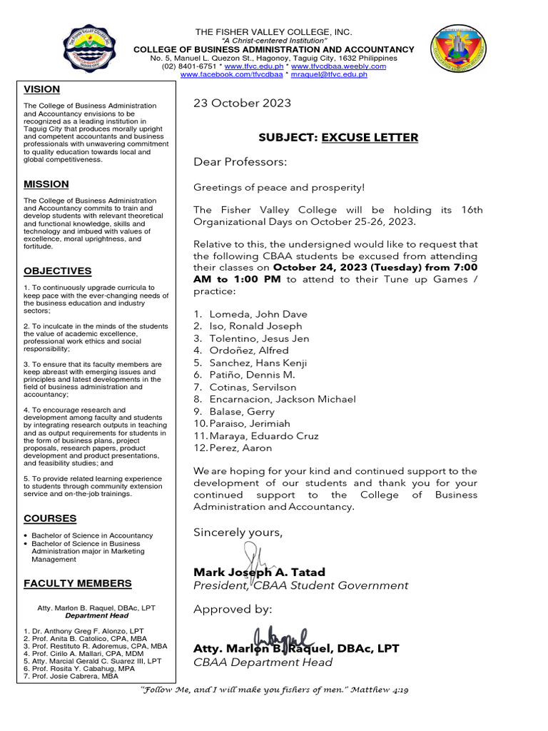 Excuse Letter for Student Practice | PDF