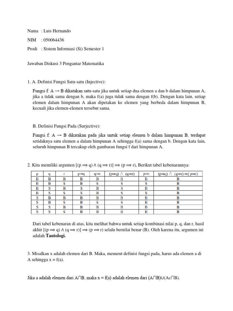 Luis Hernando - Jawaban Diskusi 3 Pengantar Matematika | PDF