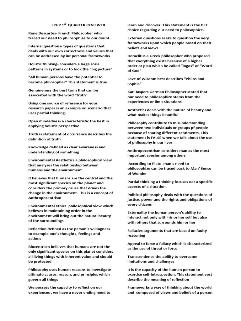 IPHP 1st QUARTER REVIEWER | PDF | Thought | Truth