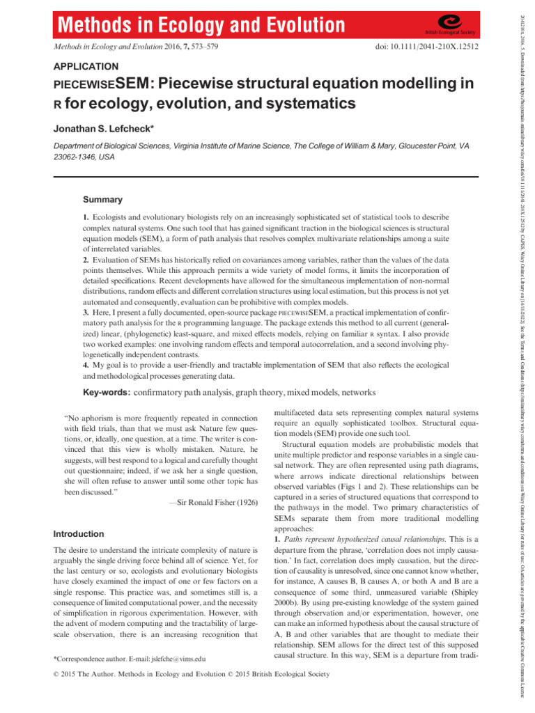 Methods Ecol Evol - 2015 - Lefcheck - PiecewiseSEM Piecewise Structural Equation Modelling in R ...