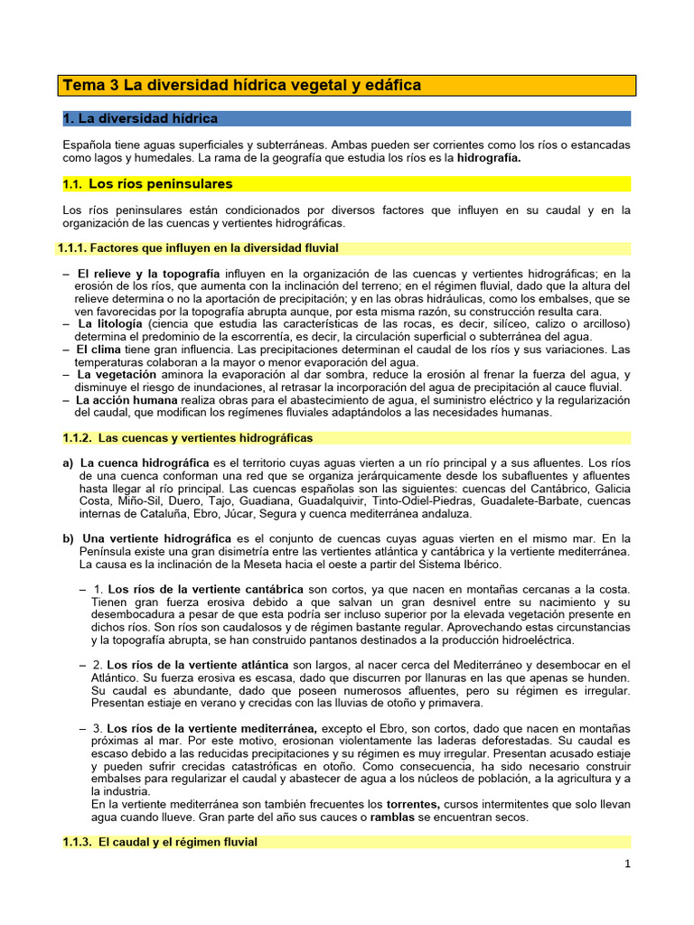 Tema 3 La Diversidad Hã Drica, Vegetal y Edã¡fica | PDF | Suelo | Río