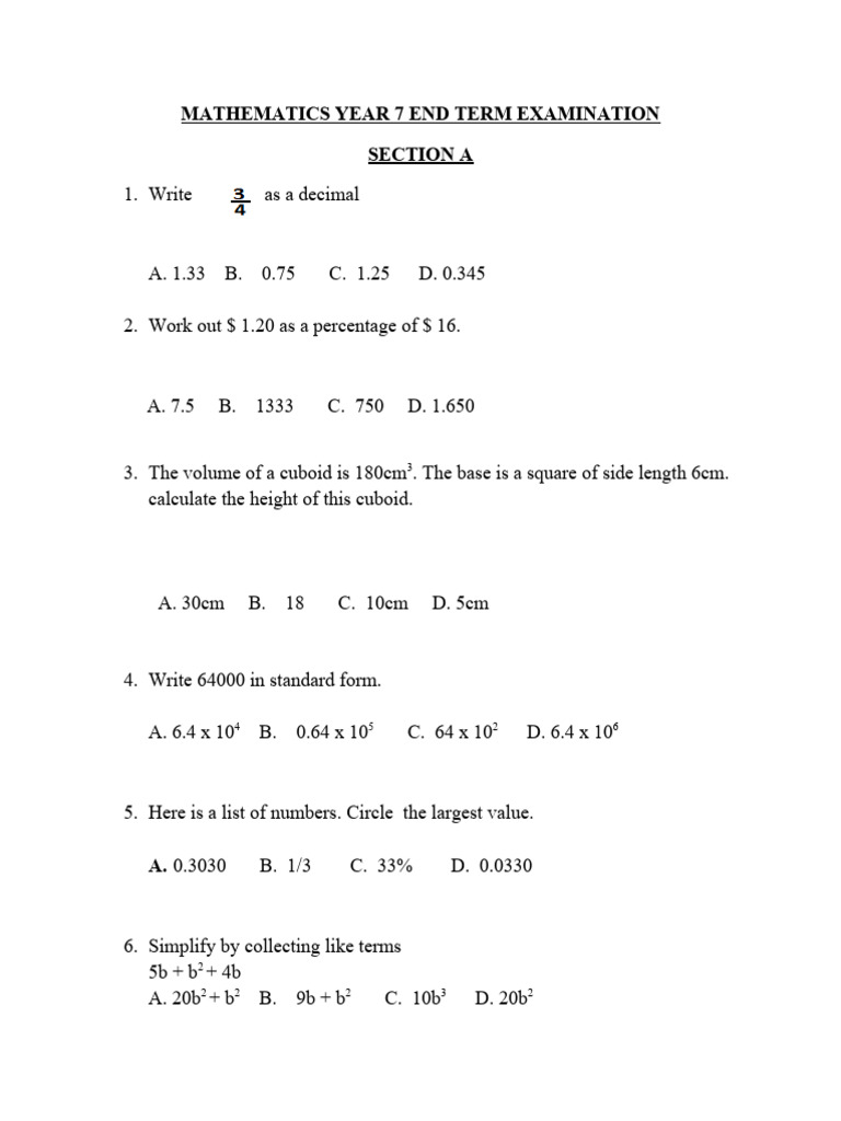 Mathematics Year 7& 8a End Term Examination - Good | PDF | Rectangle ...
