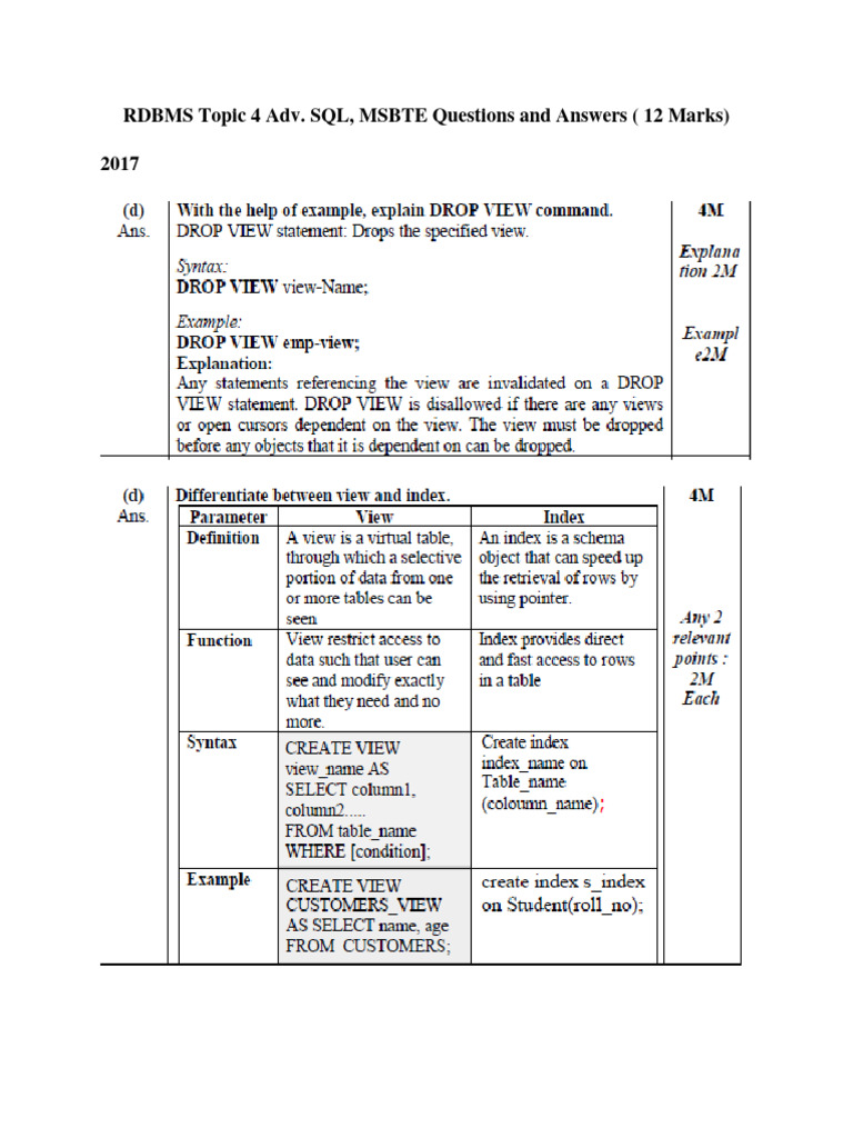 topic-4-msbte-questions-and-ayfpf6ootdyofyylhnswers1 | PDF | Database Index | Table (Database)