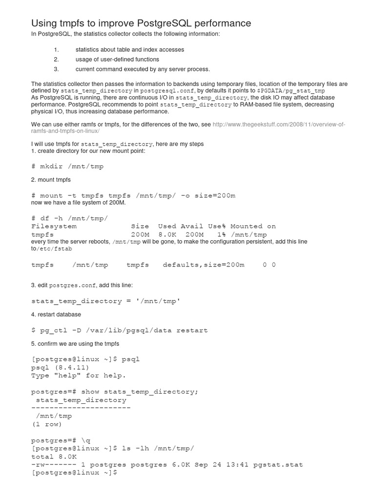 Using Tmpfs To Improve PostgreSQL Performance | PDF | Postgre Sql | File System