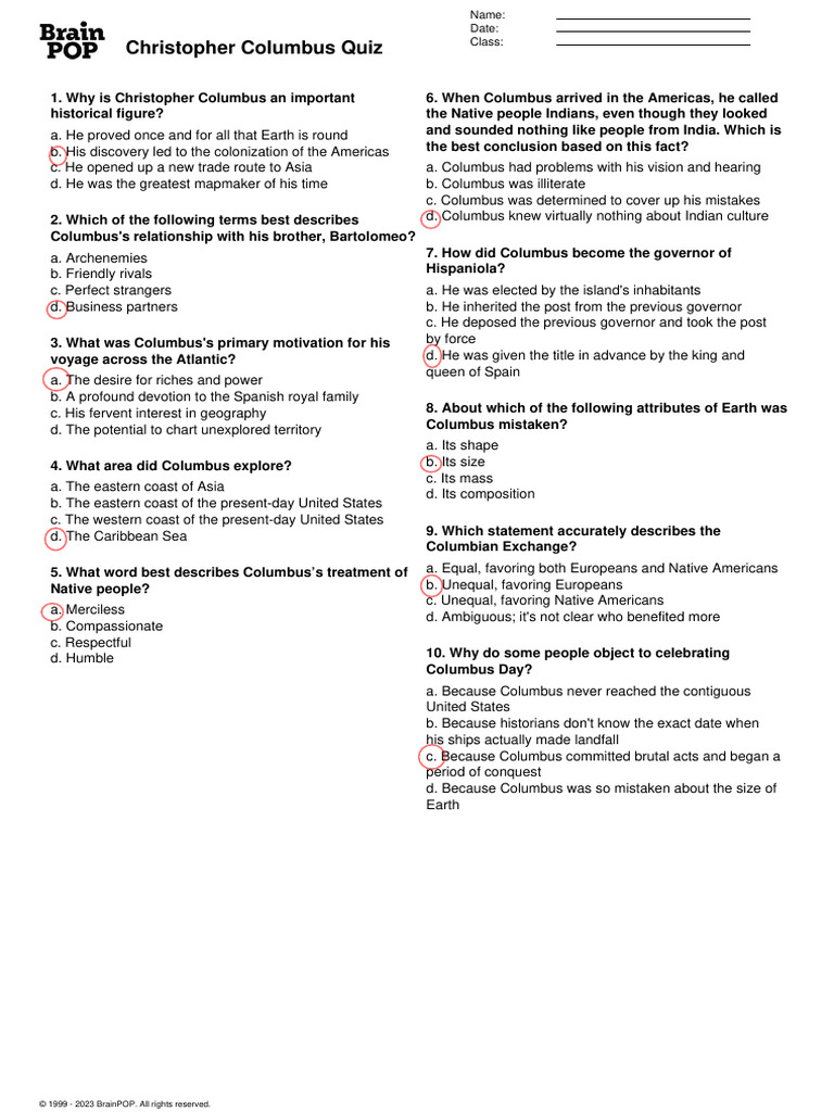 Columbus Quiz: Key Historical Insights | PDF | Christopher Columbus ...
