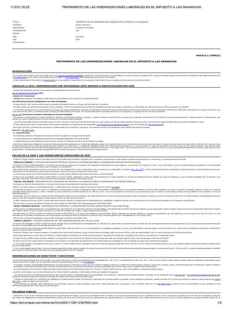 Tratamiento de Las Indemnizaciones Laborales en El Impuesto A Las Ganancias | PDF | Derecho ...