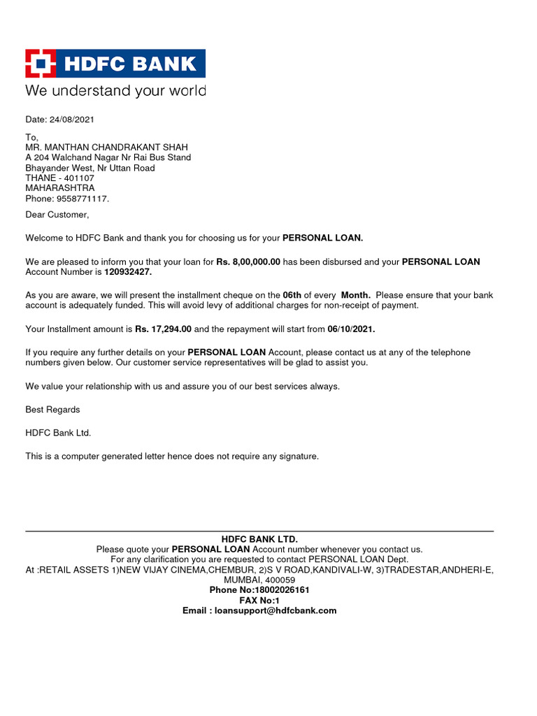 HDFC Bank Personal Loan Confirmation | PDF | Loans | Foreclosure