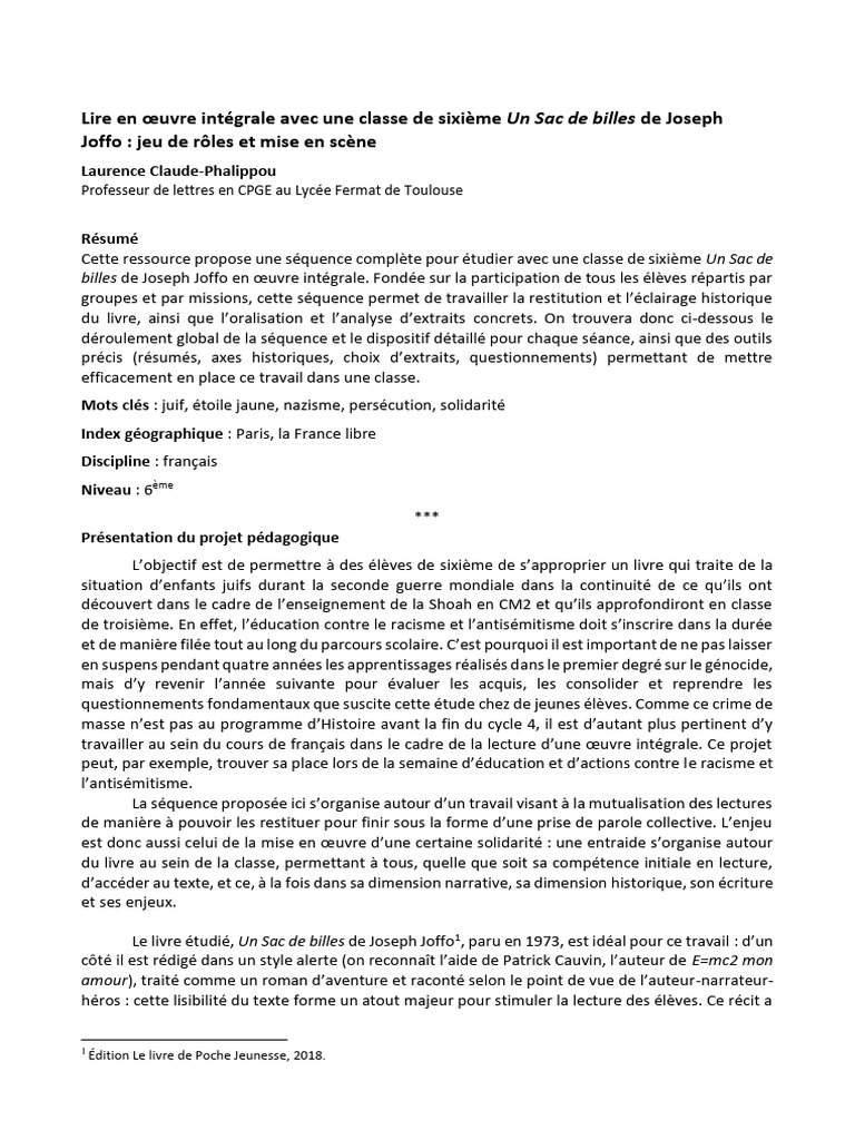 Joffo Un Sac de Billes Sequence Classe de 6eme Version PDF | PDF