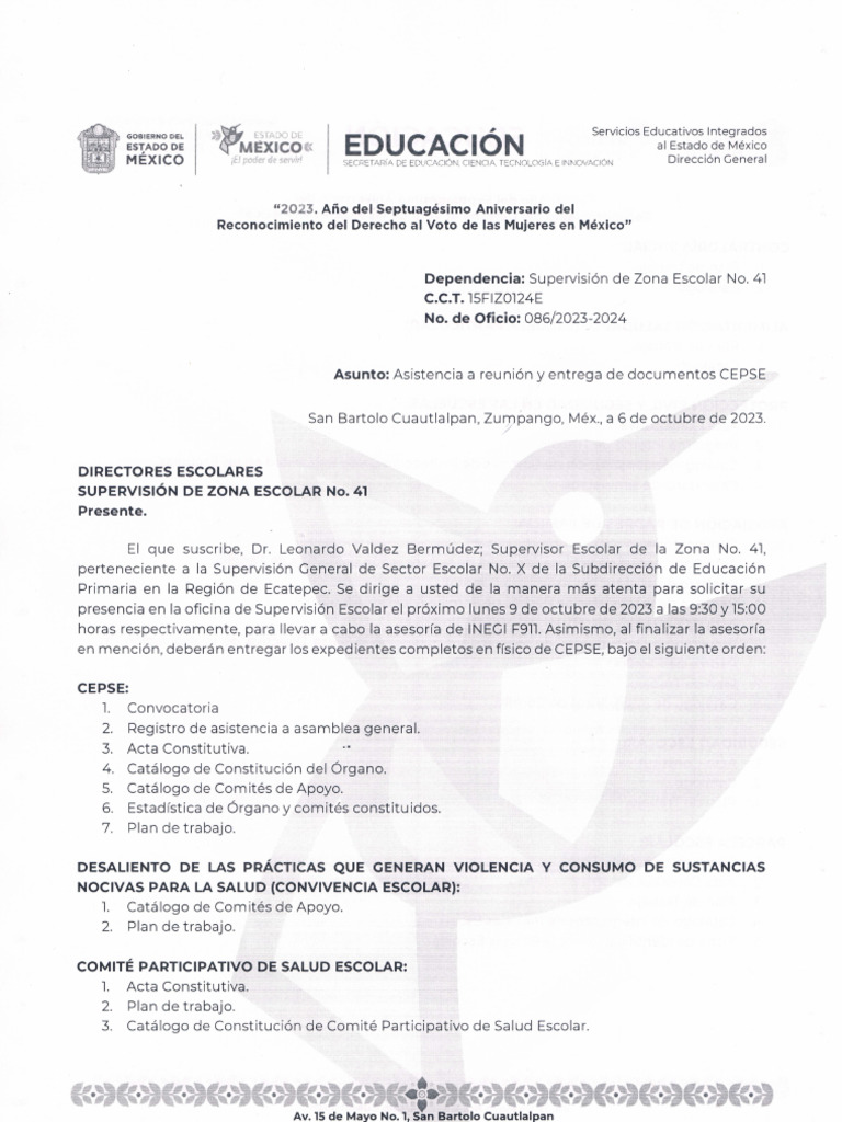 Oficio No. 086 - Reunión INEGI y Documentación CEPSE | PDF