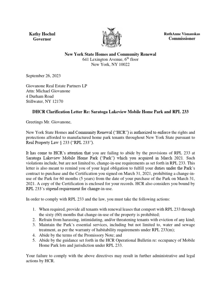 HCR Lakeview Letter To Owner 9.26.23 | PDF | Leasehold Estate | Common Law