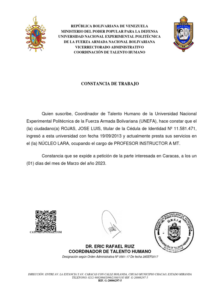 Constancia de Trabajo: Dr. Eric Rafael Ruiz Coordinador de Talento Humano | PDF