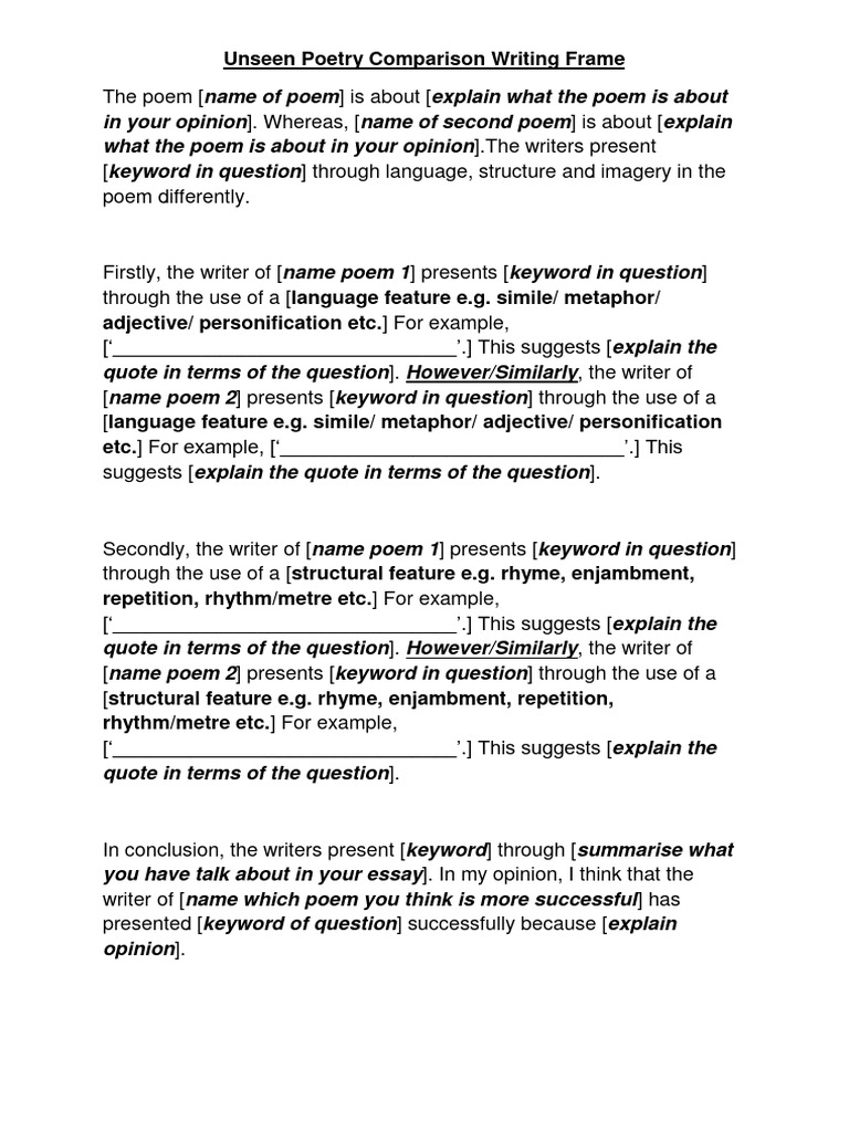 Unseen Poetry Comparison Writing Frame PDF Language Arts Discipline