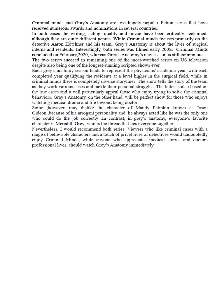 Comparing Criminal Minds and Grey's Anatomy | PDF | Social Science ...