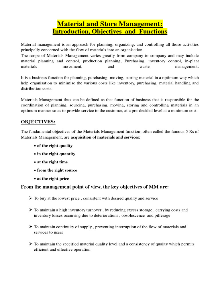 Material and Store Management:: Introduction, Objectives and Functions ...