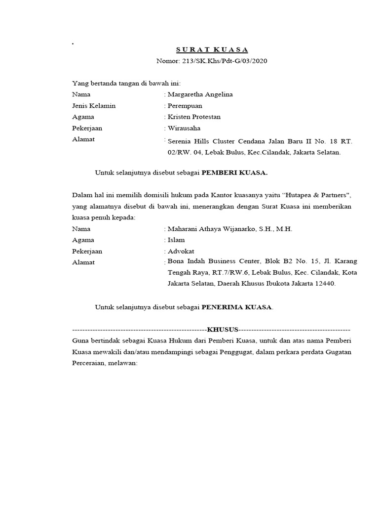 1 - Surat Kuasa Sebagai Penggugat Perceraian Di Pengadilan Agama | PDF