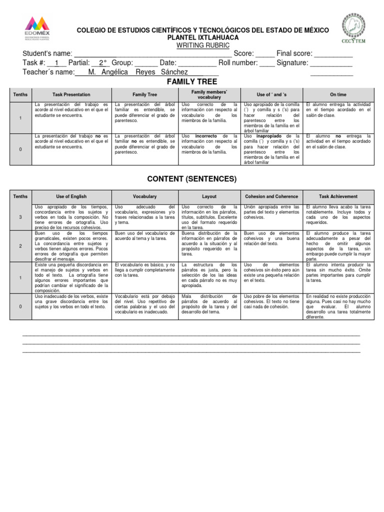 Rúbrica Individual Writing Task 2.1 Family Tree. | PDF | Léxico | Verbo