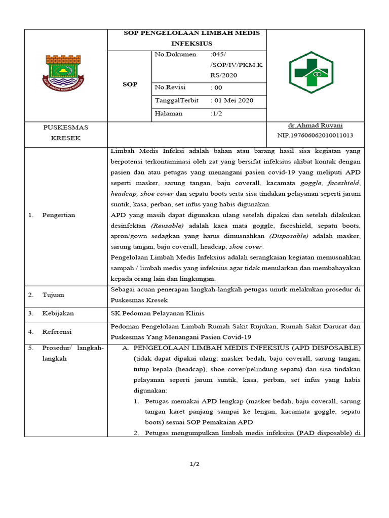 Sop Pengelolaan Limbah Medis Infeksius (Disposible Dan Reusable) Fix | PDF | Kesehatan Holistik ...