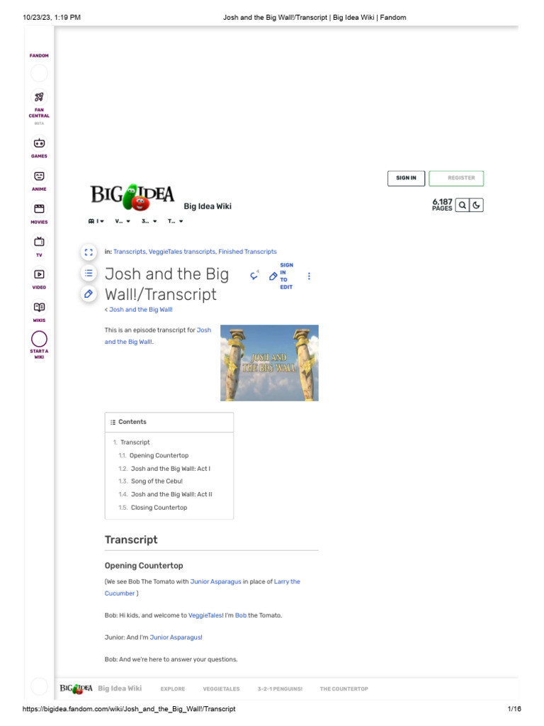 Josh and The Big Wall! - Transcript - Big Idea Wiki - Fandom | PDF ...