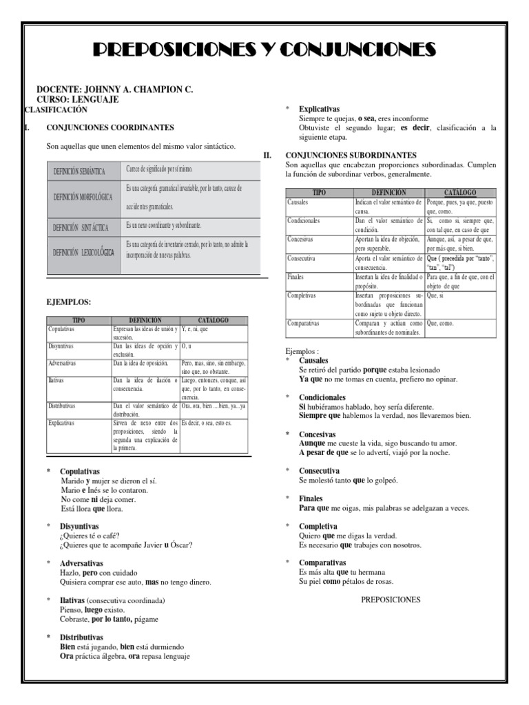 Conjunciones y Preposiciones: Ejemplos | PDF
