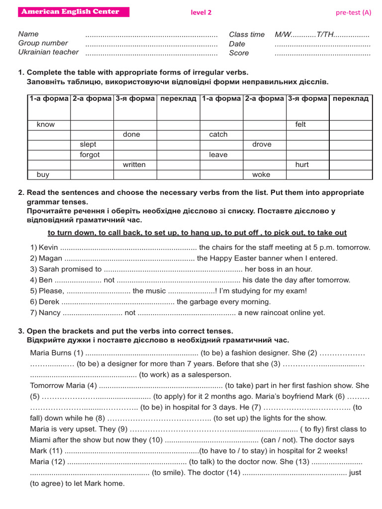 Level 2 Pre-Test A 160521 Ukr | PDF | Linguistic Typology | Linguistics