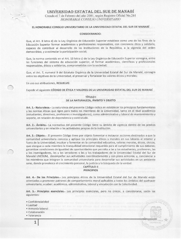 Codigo de Etica y Valores Unesum | PDF
