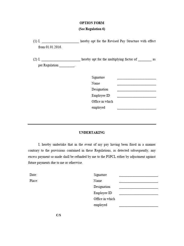 Option Form Undertaking | PDF