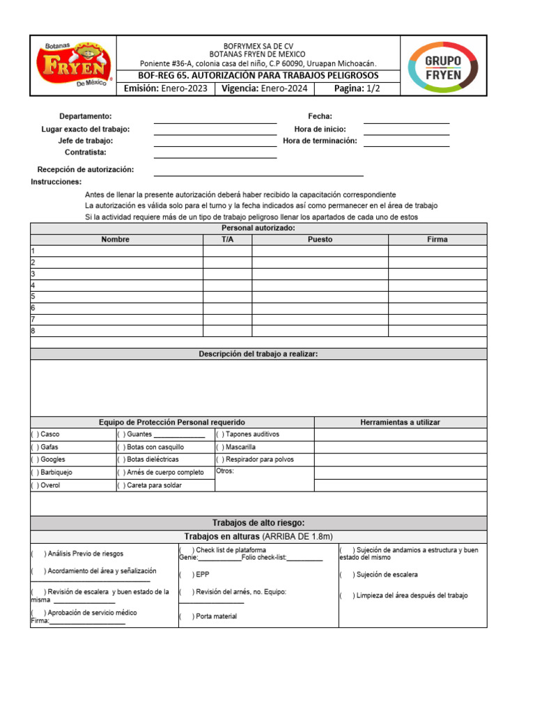 BOF-REG 65. Autorización de Trabajos Peligrosos | PDF