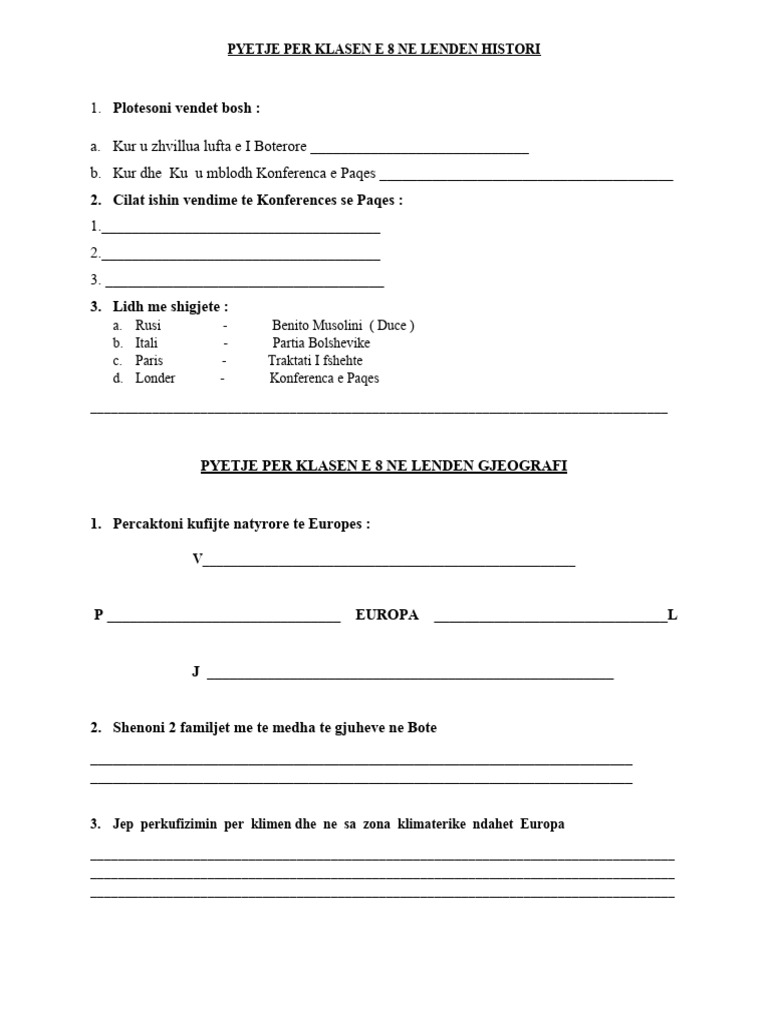 Pyetje Per Klasen e 8 Ne Lenden Histori | PDF