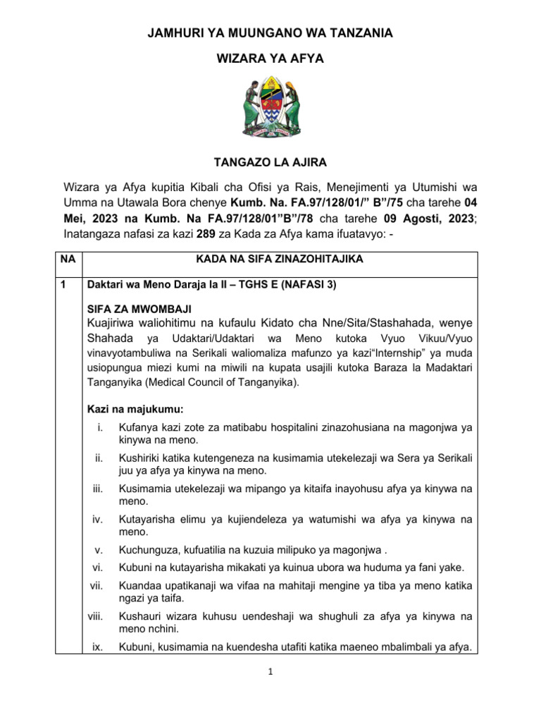 Tangazo La Ajira 289 Kutoka Wizara Ya Afya | PDF