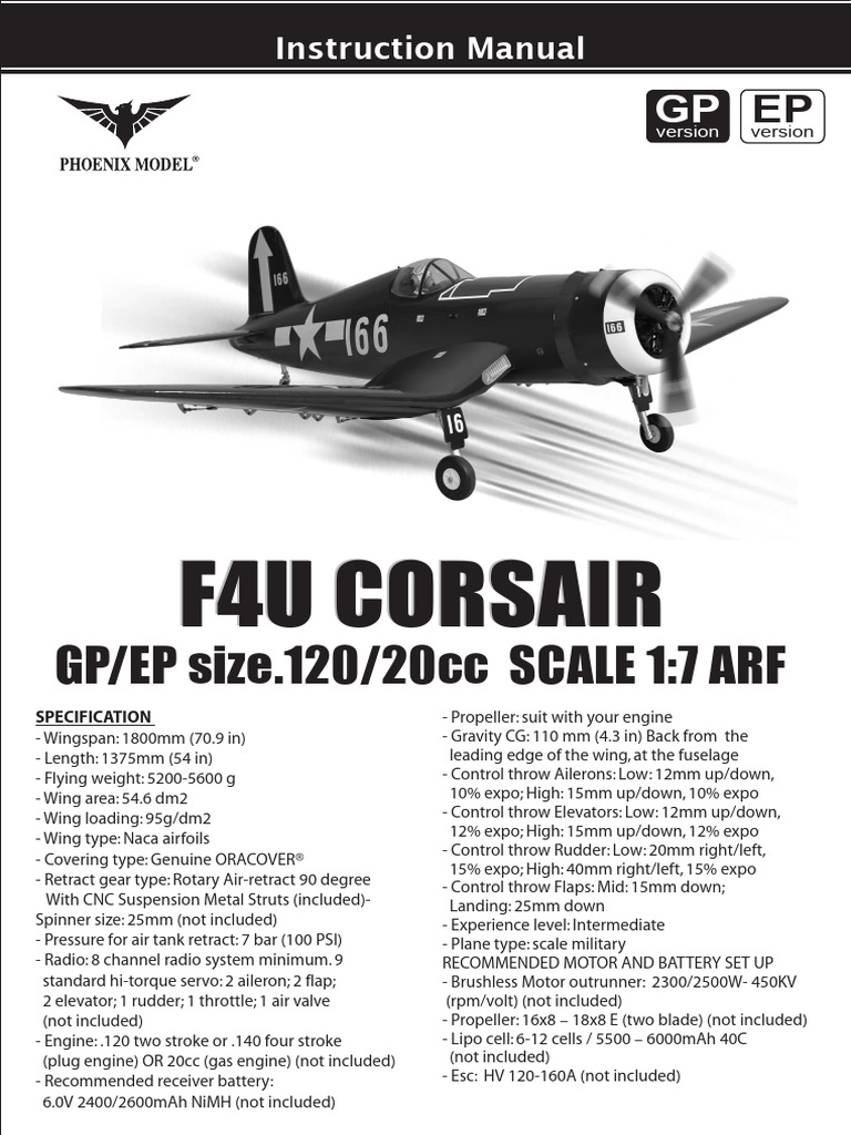 PM PH140-F4U CORSAIR 20cc Manual | PDF | Aircraft | Manufactured Goods