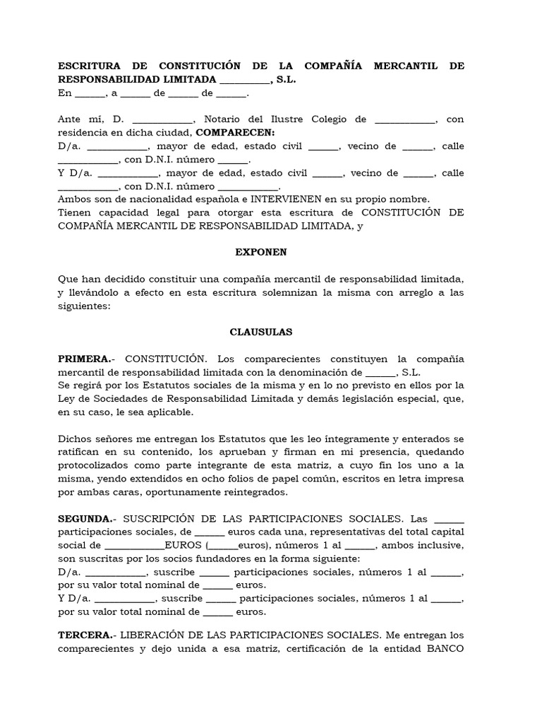 Escritura de Constitución de La Compañía Mercantil de Responsabilidad Limitada | PDF | Sociedad ...