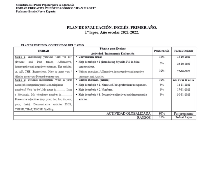 Plan de Evaluación INGLÉS 1er Año. 1er LAPSO. 2021-2022 | PDF