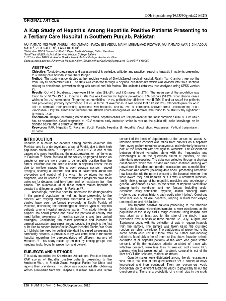 A Kap Study of Hepatitis Among Hepatitis Positive Patients Presenting To A Tertiary Care ...