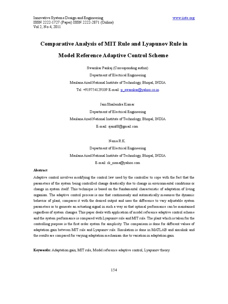 Comparative Analysis of MIT Rule and Lyapunov Rule in Model Reference ...