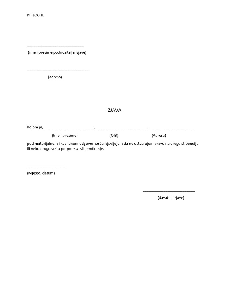 Izjava Studenta Ovjerena Kod Javnog Biljeznika Ogledni Primjer Prilog ...