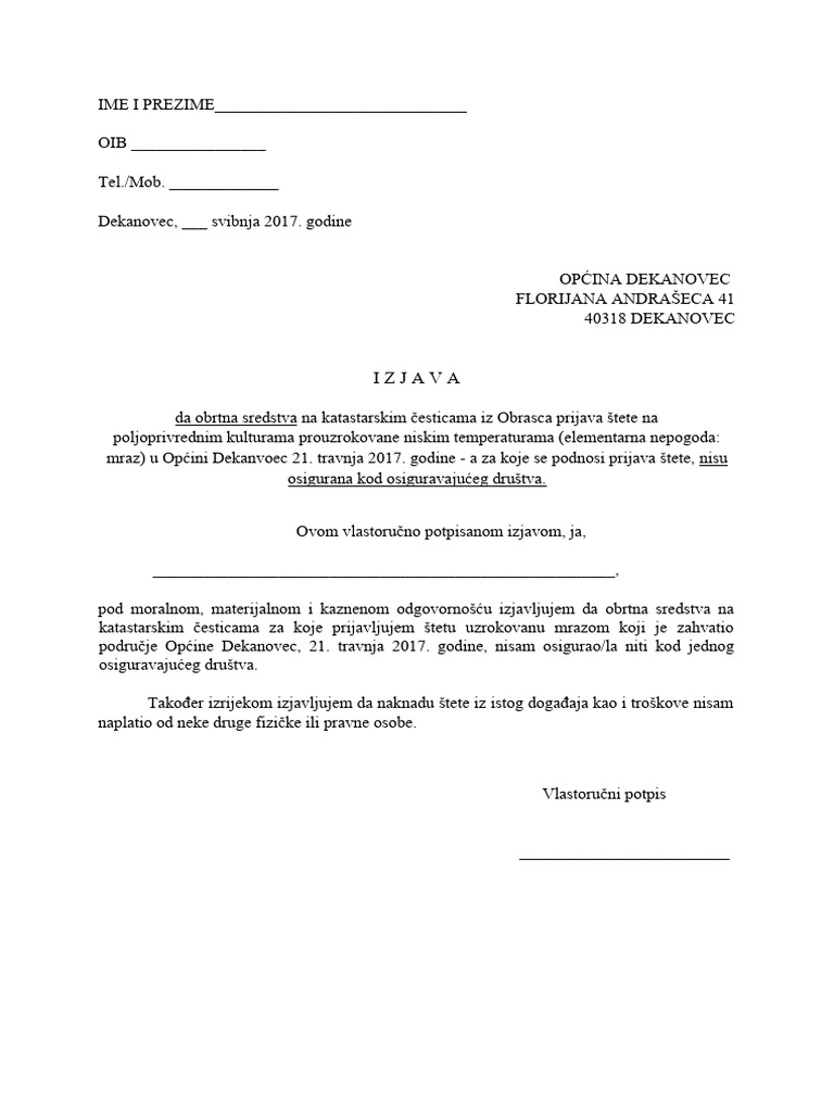 Izjava o Nepostojanju Osiguranja | PDF