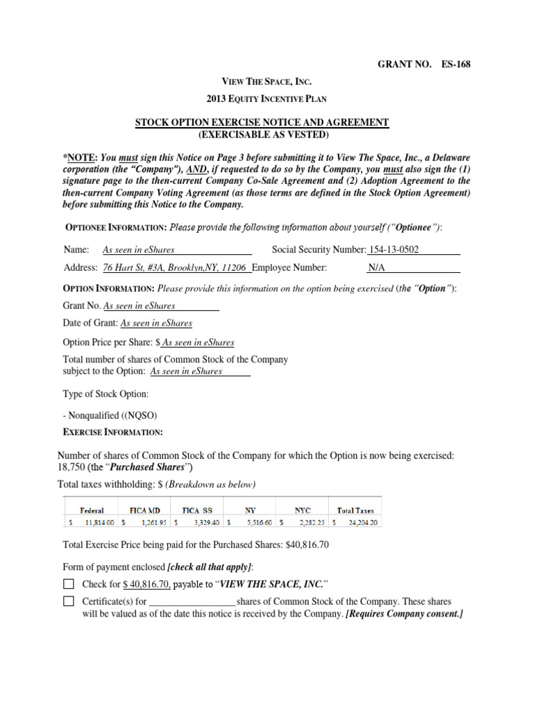 Form of Notice of Exercise and Agreement (Exercisable As Vested ...