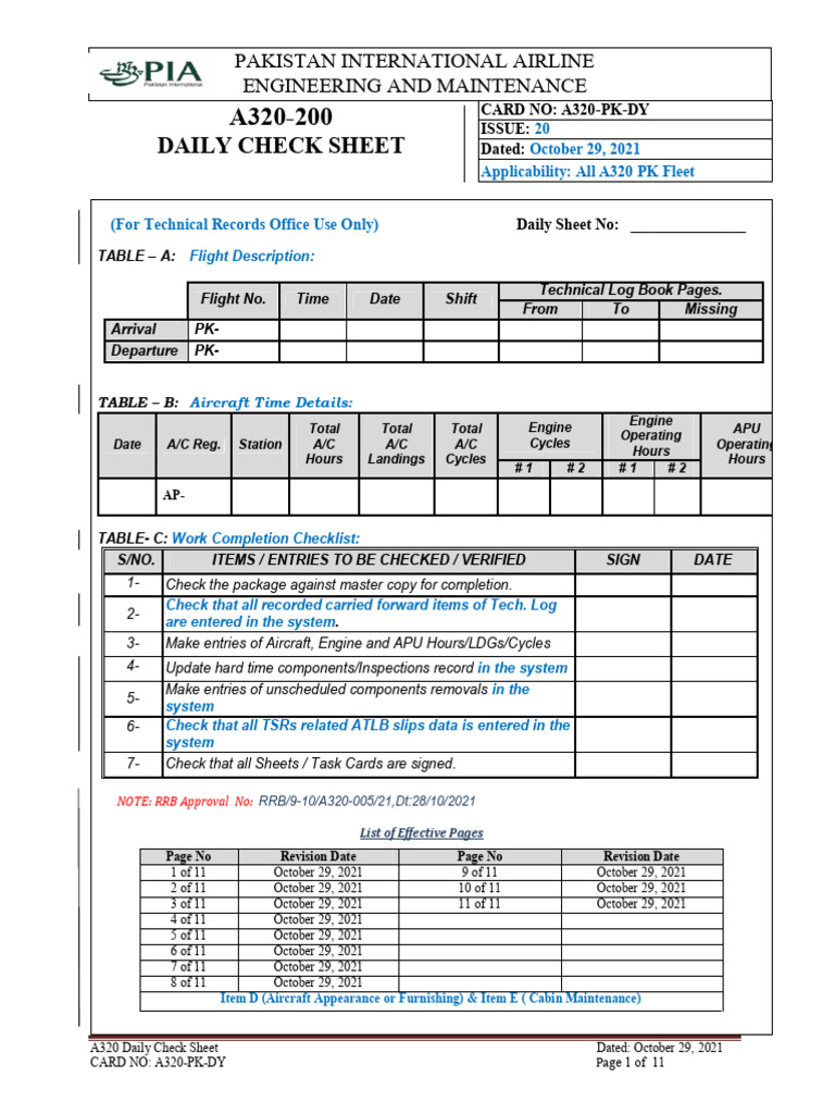 A320 Daily Maintenance Check Sheet | PDF | Landing Gear | Aviation
