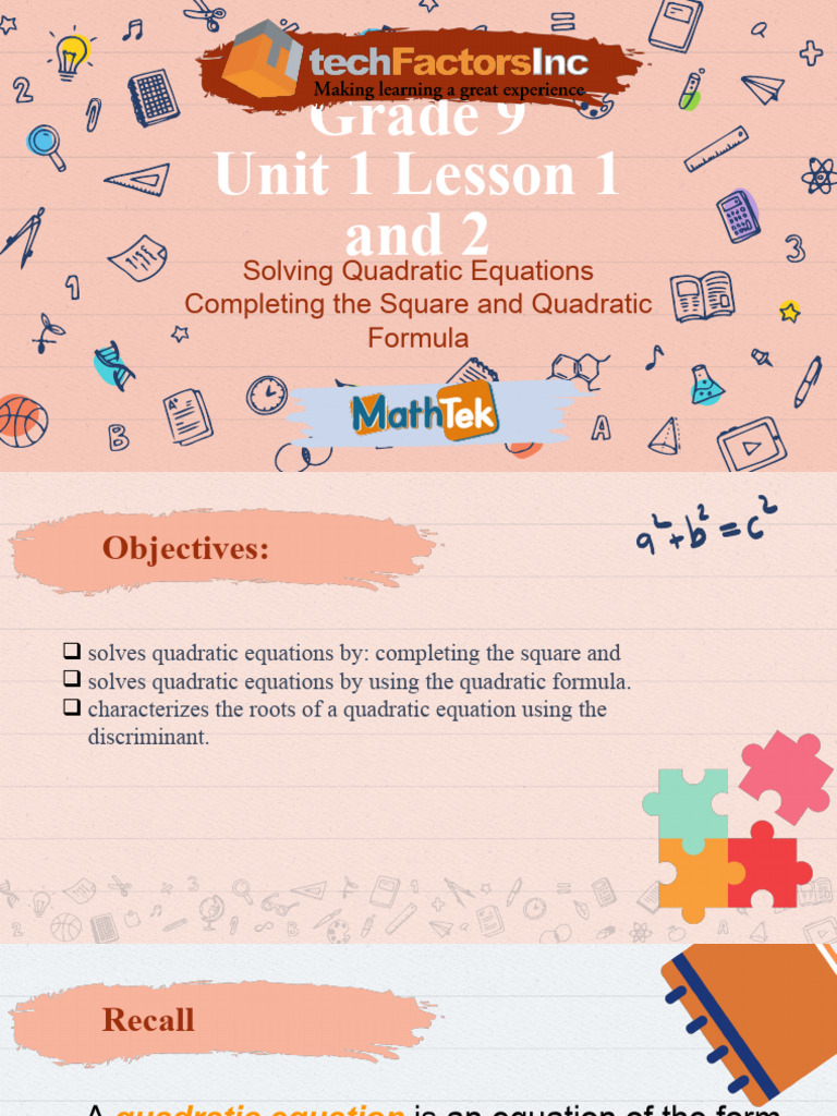 EM9 U1 Lesson 2 PPT | PDF | Quadratic Equation | Equations