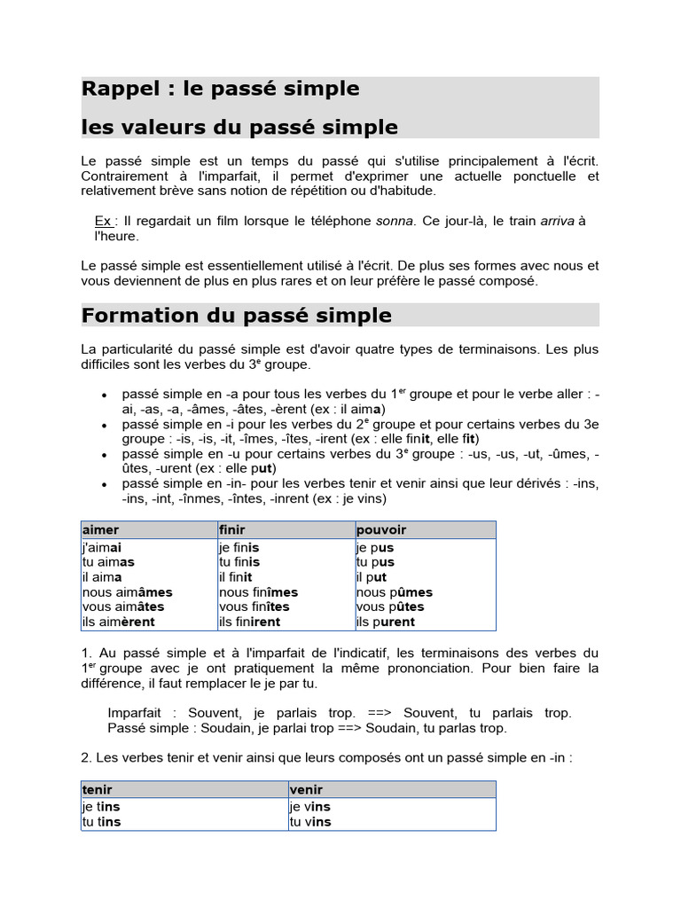 Rappel Sur Le Passé Simple | PDF