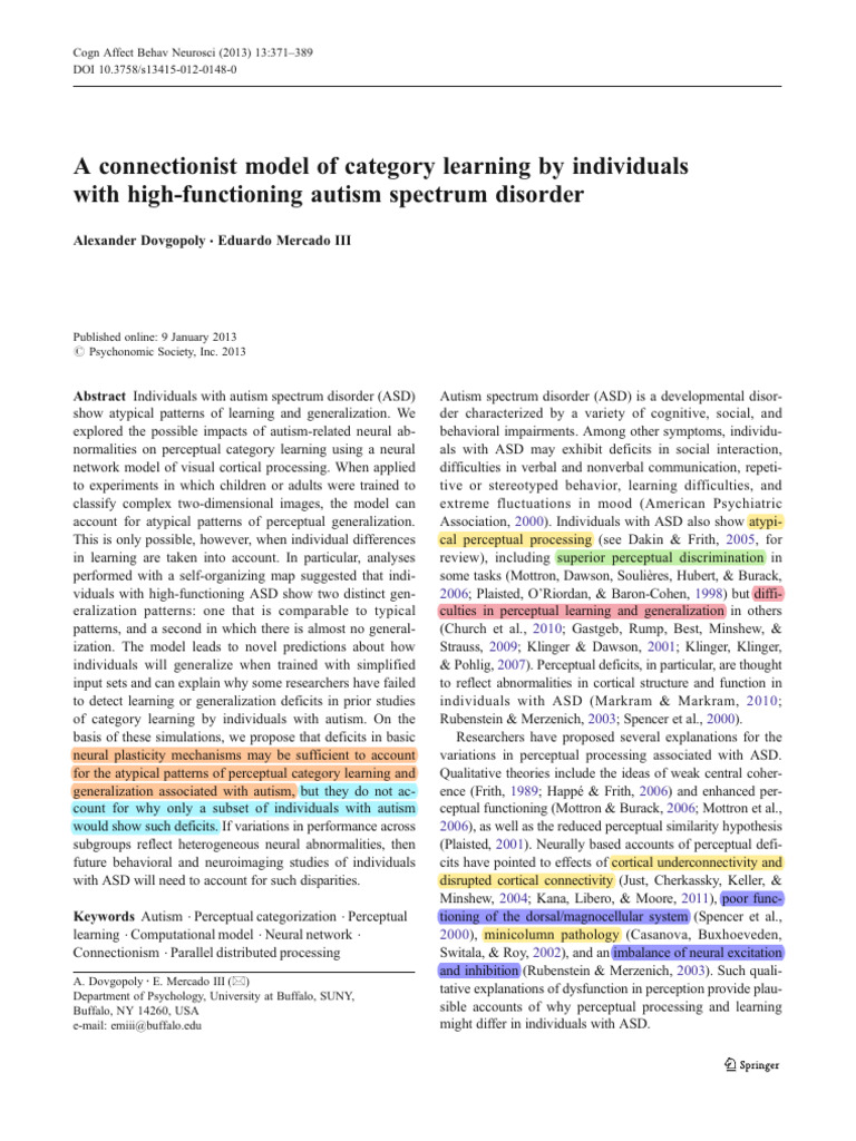 A Connectionist Model of Category Learning by Individuals With High-Functioning Autism Spectrum ...