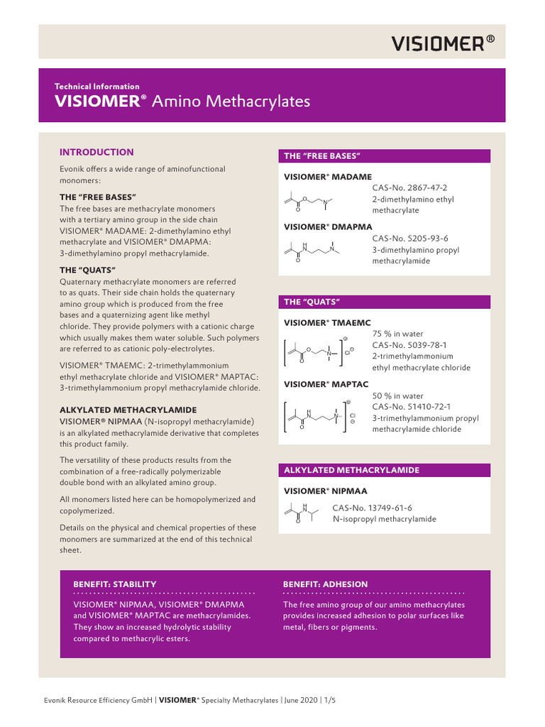 VISIOMER® Amino Methacrylates - Technical Information | PDF | Poly ...