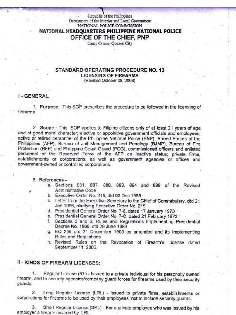 PNP SOP No. 13 Firearms Licensing 2008 | PDF