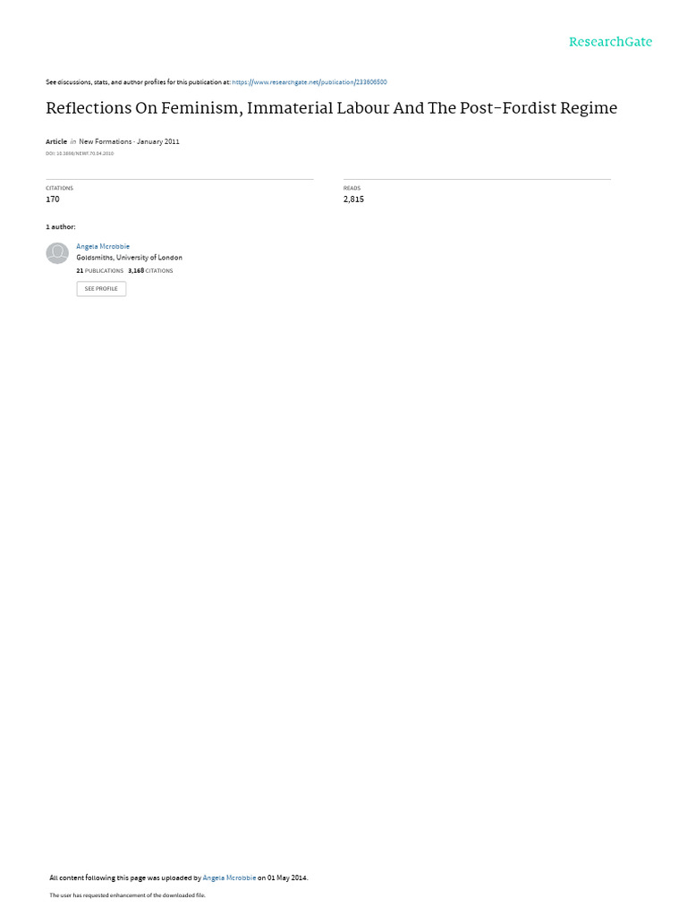 Angela Mcrobbie - Reflections On Feminism, Immaterial Labour and The ...