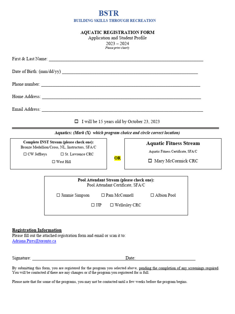 BSTR Student Profile and Application Form 2023-2024 Aquatics | PDF