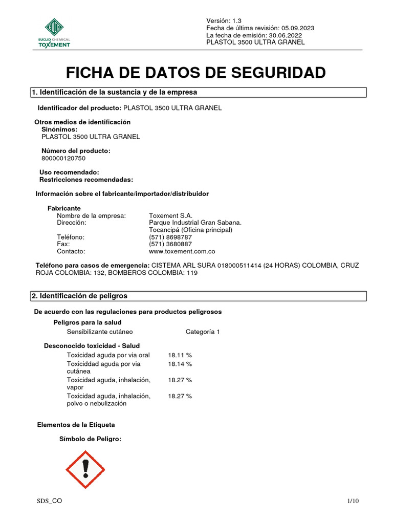 Ficha de Seguridad: Plastol 3500 Ultra | PDF | Higiene Ocupacional | Agua