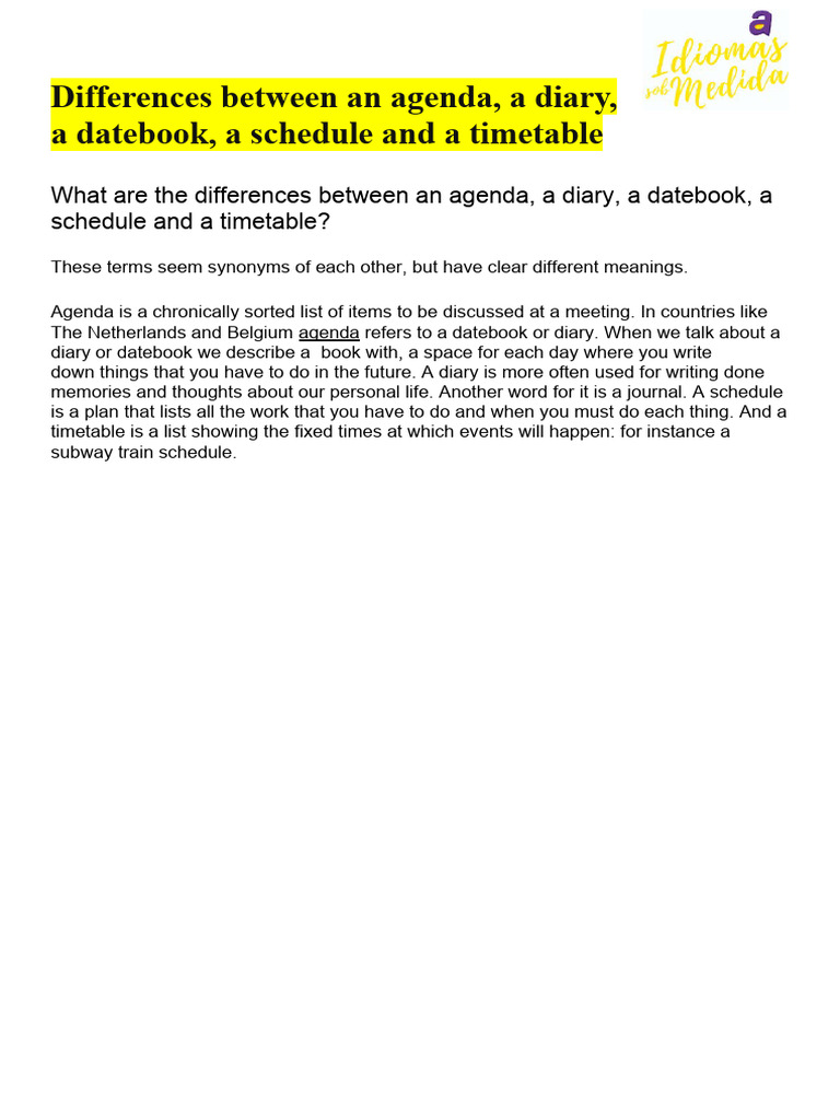 Agenda vs Diary: Key Differences | PDF | Career & Growth | Foreign ...